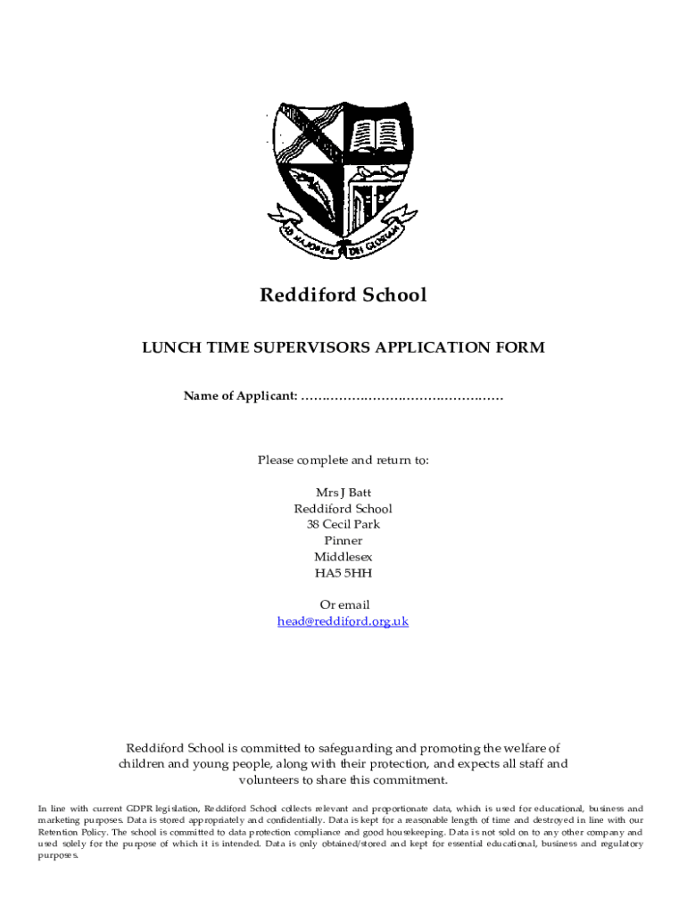 Fillable Online Lunch Time Supervisors Application Form - Pinner Fax ...