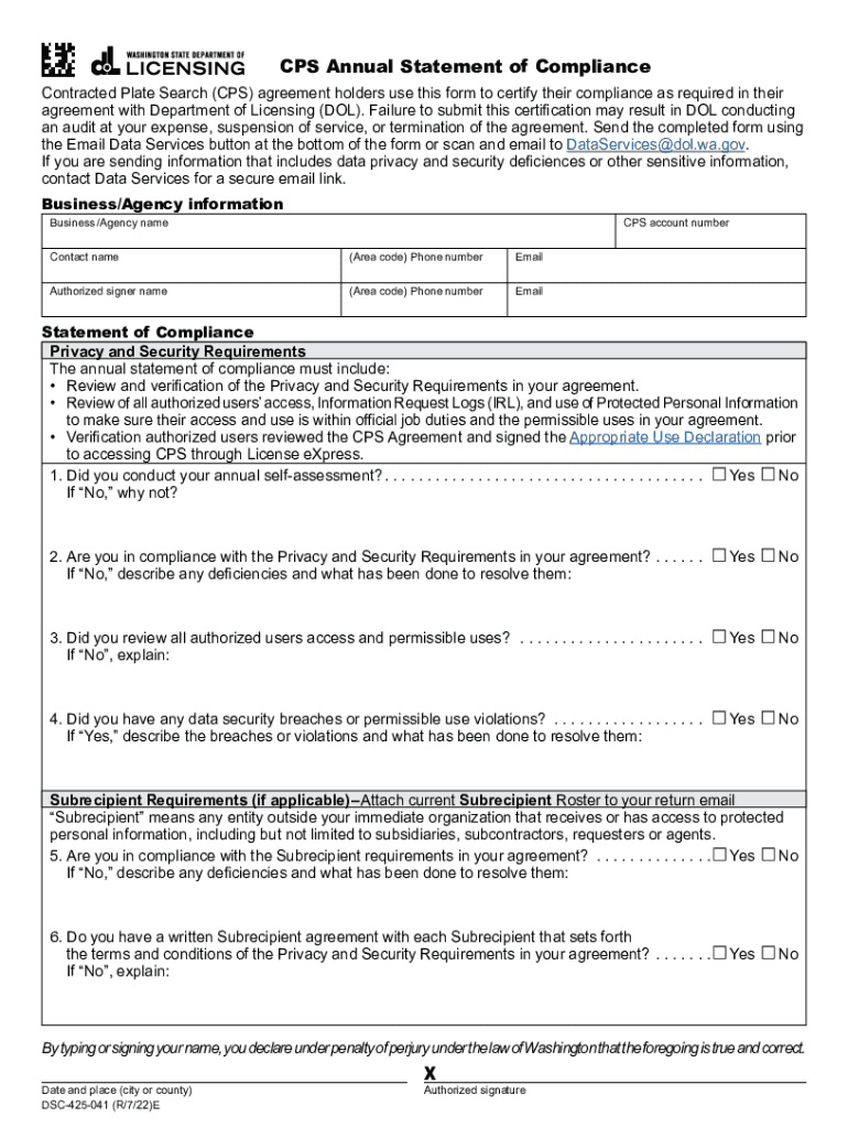 Fillable Online CPS Annual Statement of Compliance. CPS agreement ...