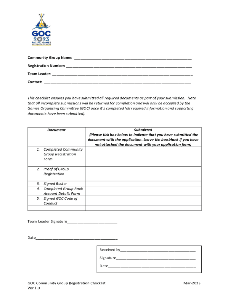 Fillable Online community group registration checklistlogistics ...