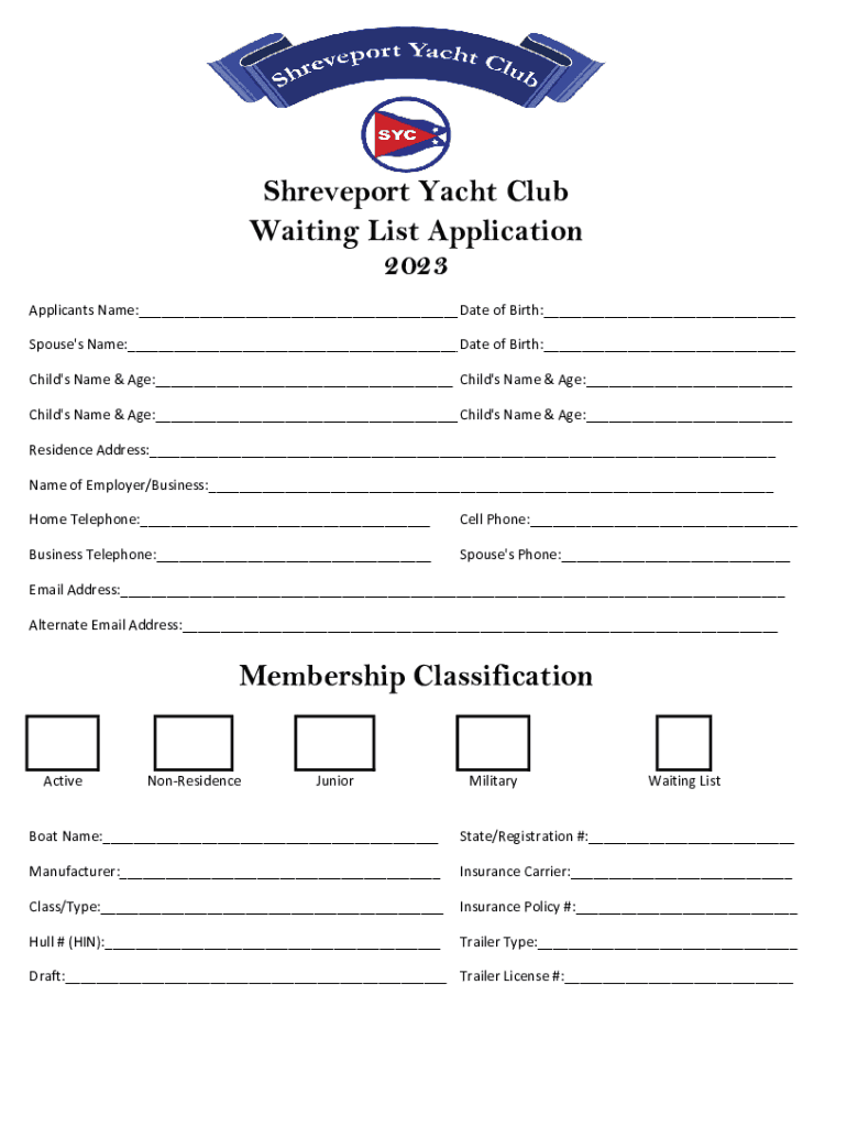 Fillable Online Club Shreveport Yacht - Fill Online, Printable, Fillable, Blank ... Fax Email ...