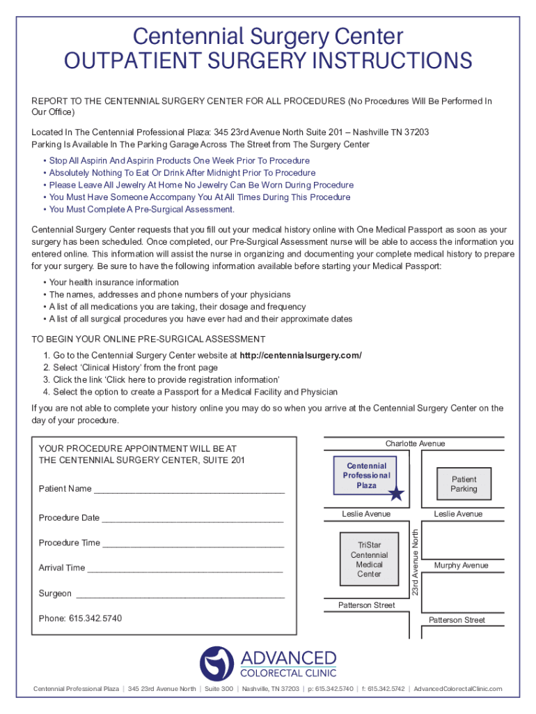 Fillable Online Preparing for your ProcedureCSC - Centennial Surgery ...