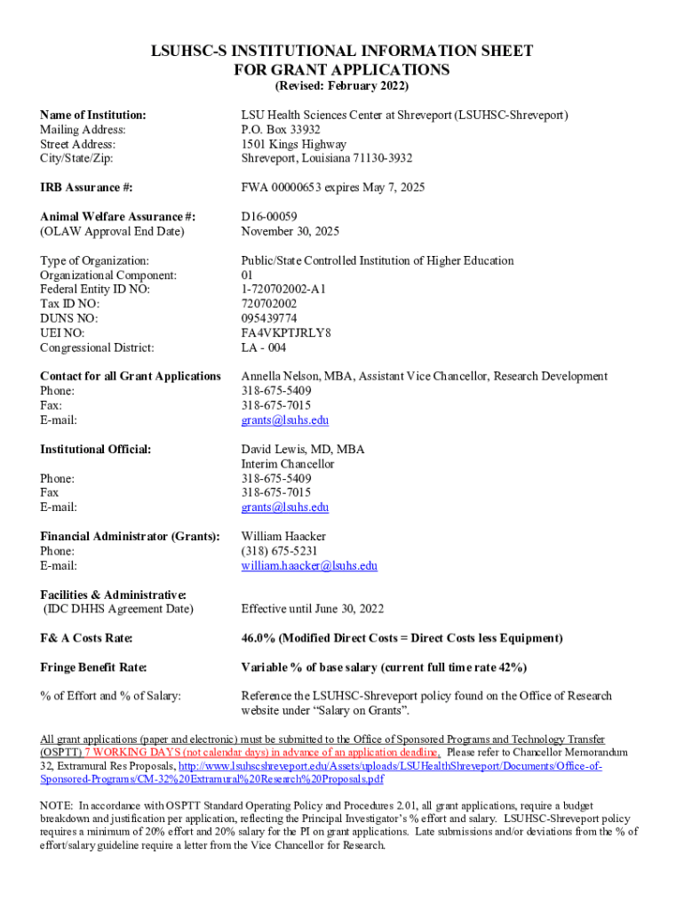 Fillable Online lsuhsc-s institutional information sheet for grant applications Fax Email Print ...