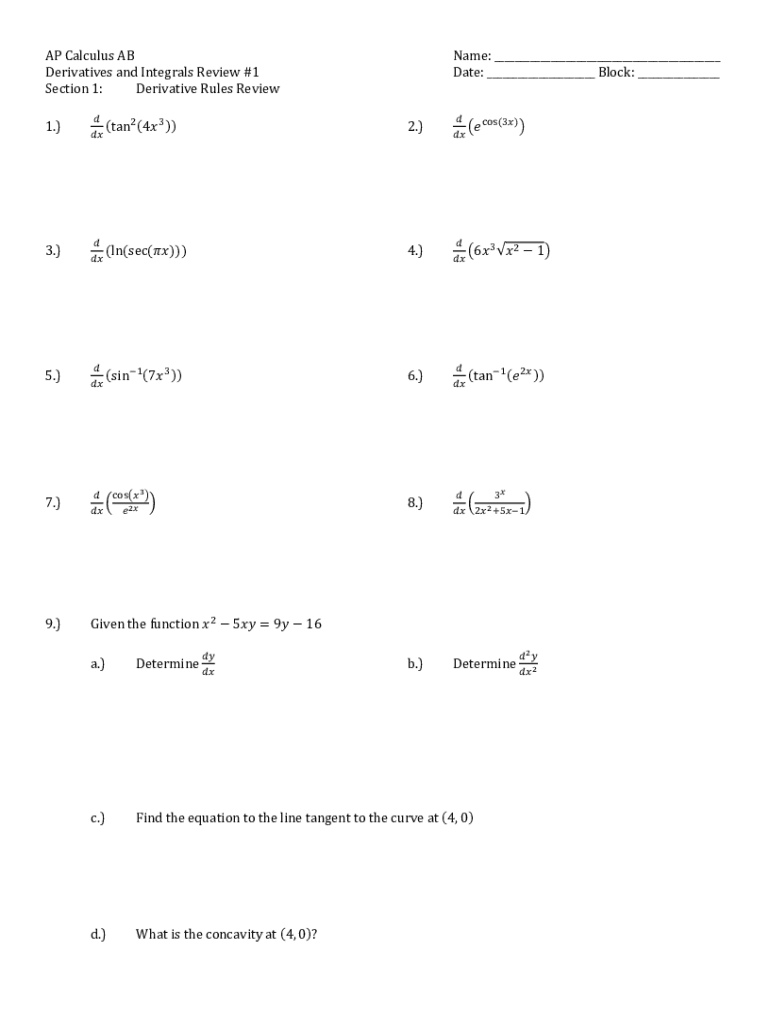Fillable Online AP Calculus AB Review Week 4 Techniques of Integration ...