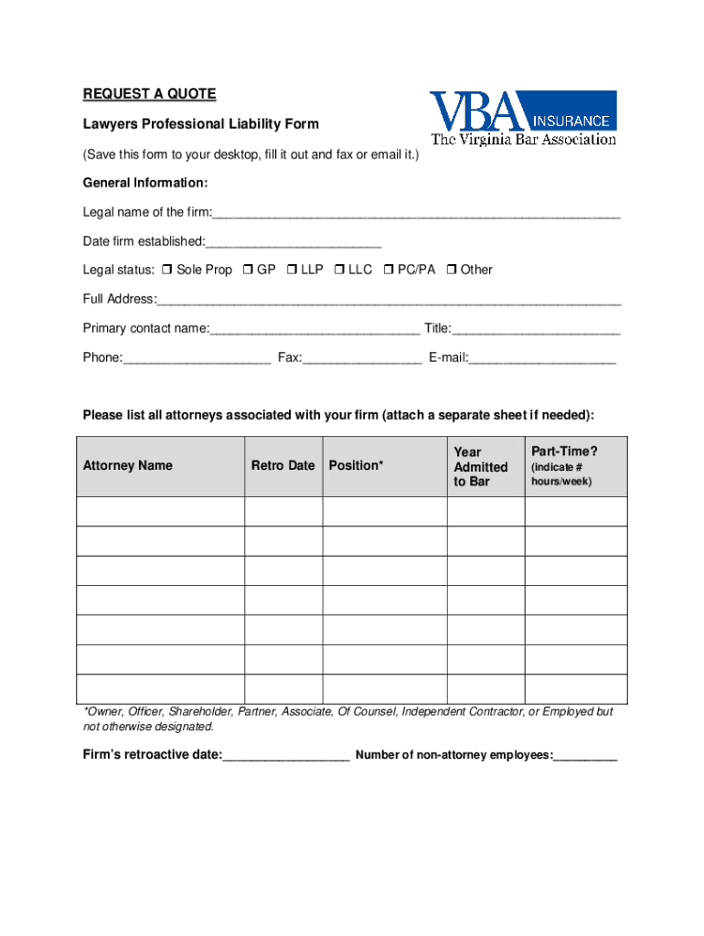 Fillable Online REQUEST A QUOTE Lawyers Professional Liability Form Fax ...