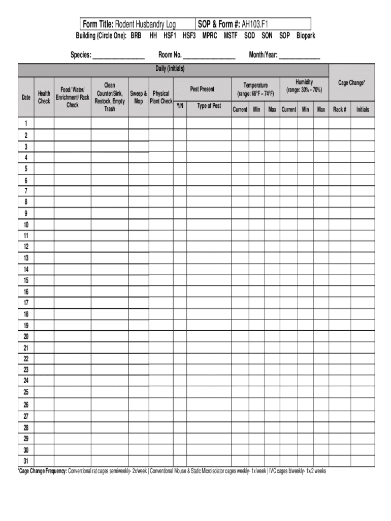 Fillable Online Rodent Husbandry Log SOP & Form #: AH103.F1 Fax Email ...