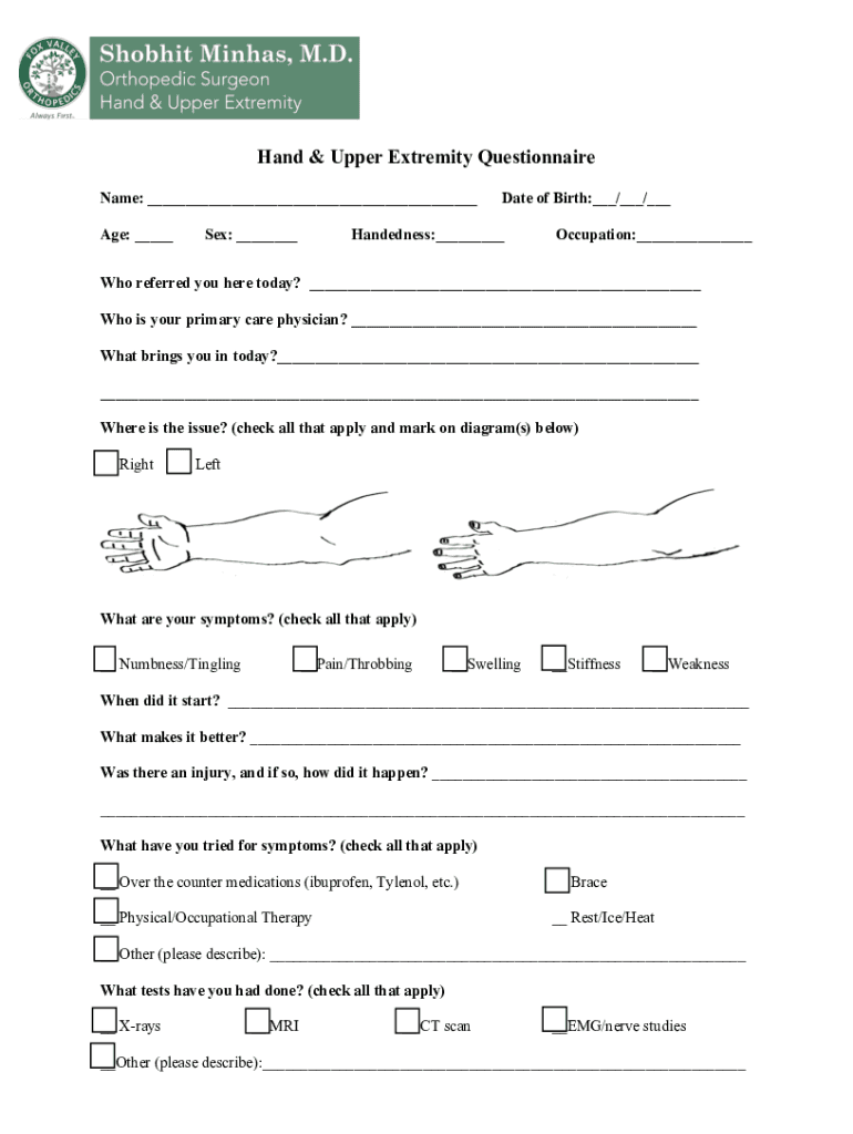Fillable Online Updated Hand and Upper Extremity Questionnaire.docx Fax ...