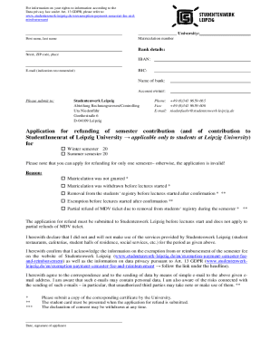 Fillable Online Application for refunding of semester contribution (and ...