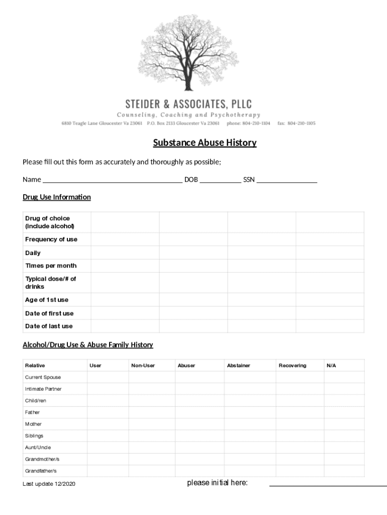 Fillable Online Program Substance Use History & Abstinence Agreement 10 ...
