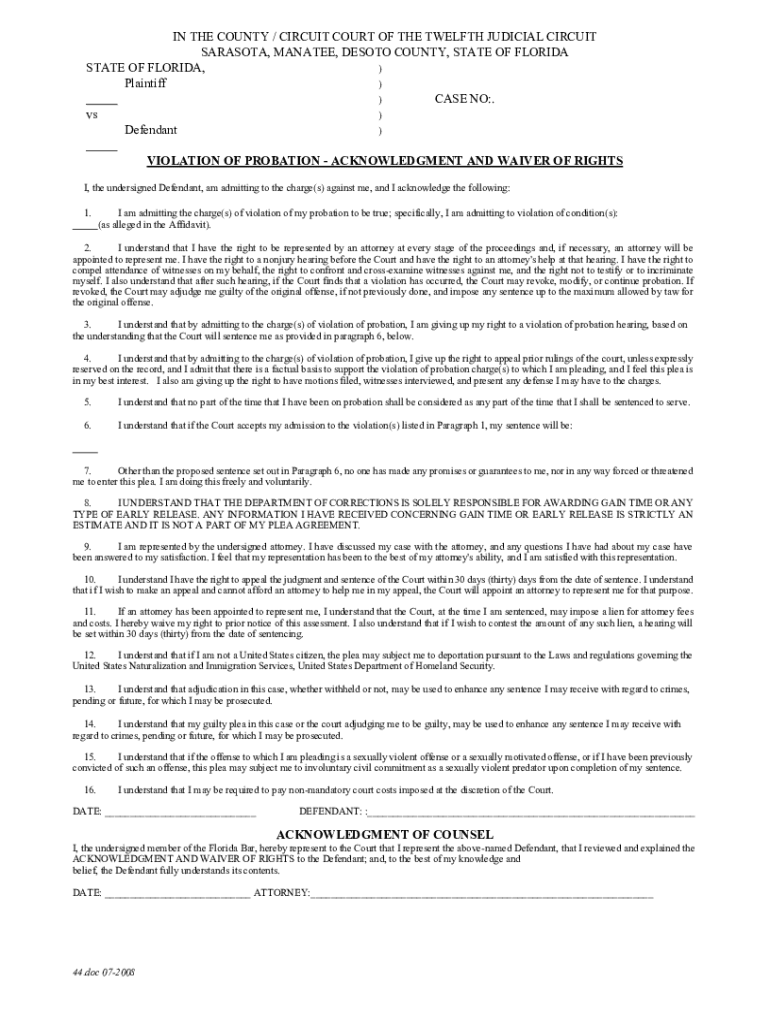Fillable Online Violation Of ProbationAcknowledgment And Waiver Of ...