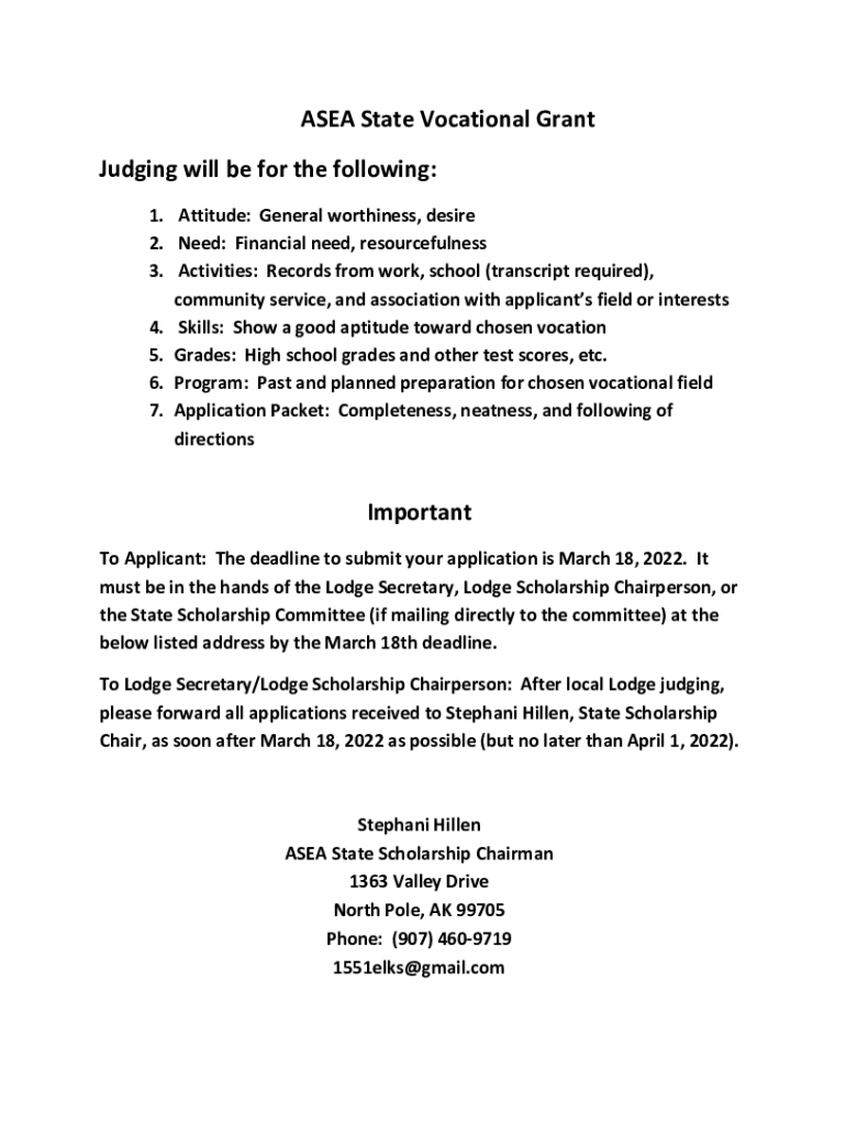 Fillable Online ASEA State Vocational Grant Judging will be for the ...