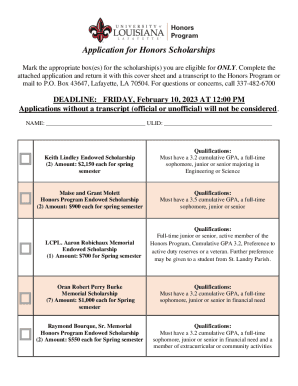 Fillable Online honors louisiana Scholarship Application - University Honors Program Fax Email ...