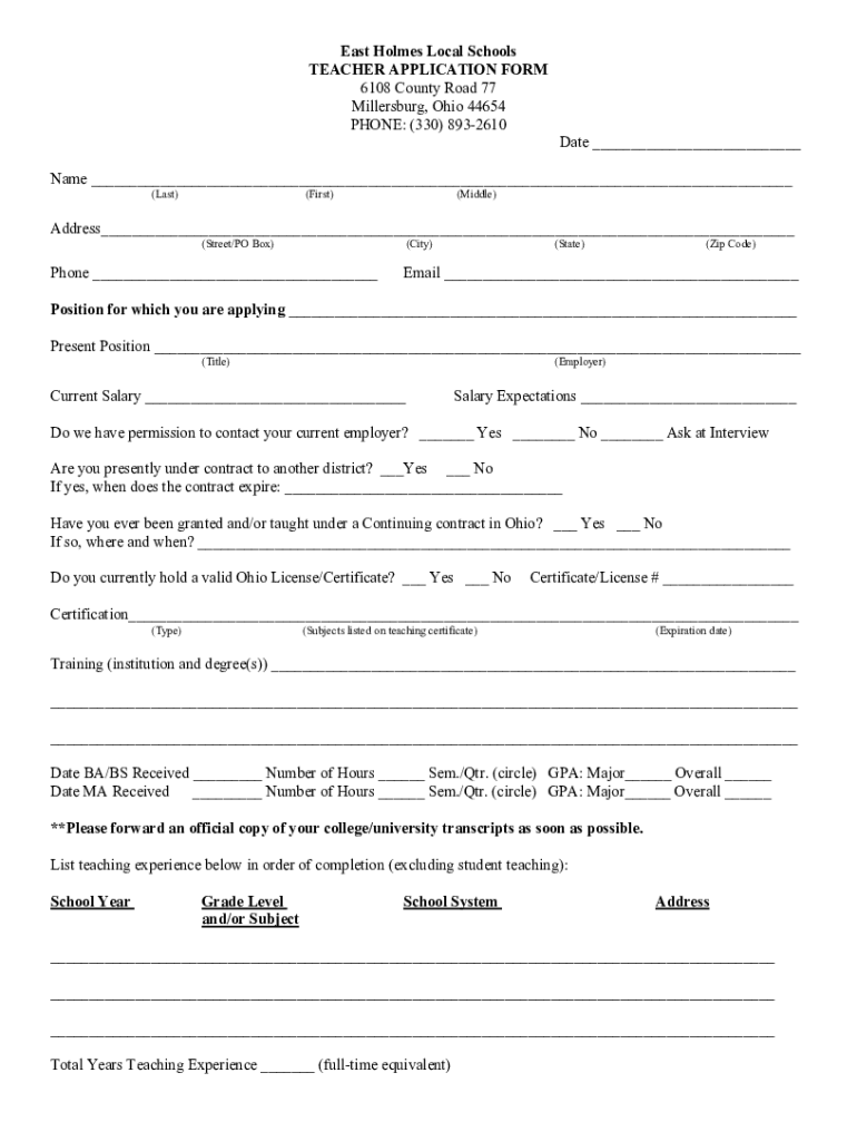 Fillable Online East Holmes Local Schools TEACHER APPLICATION FORM Fax Email Print - pdfFiller
