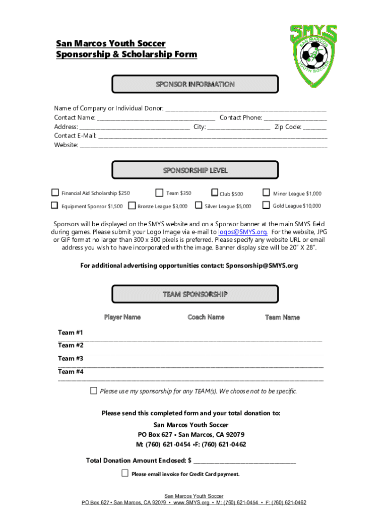Fillable Online San Marcos Youth Soccer Sponsorship & Scholarship Form Fax Email Print - pdfFiller