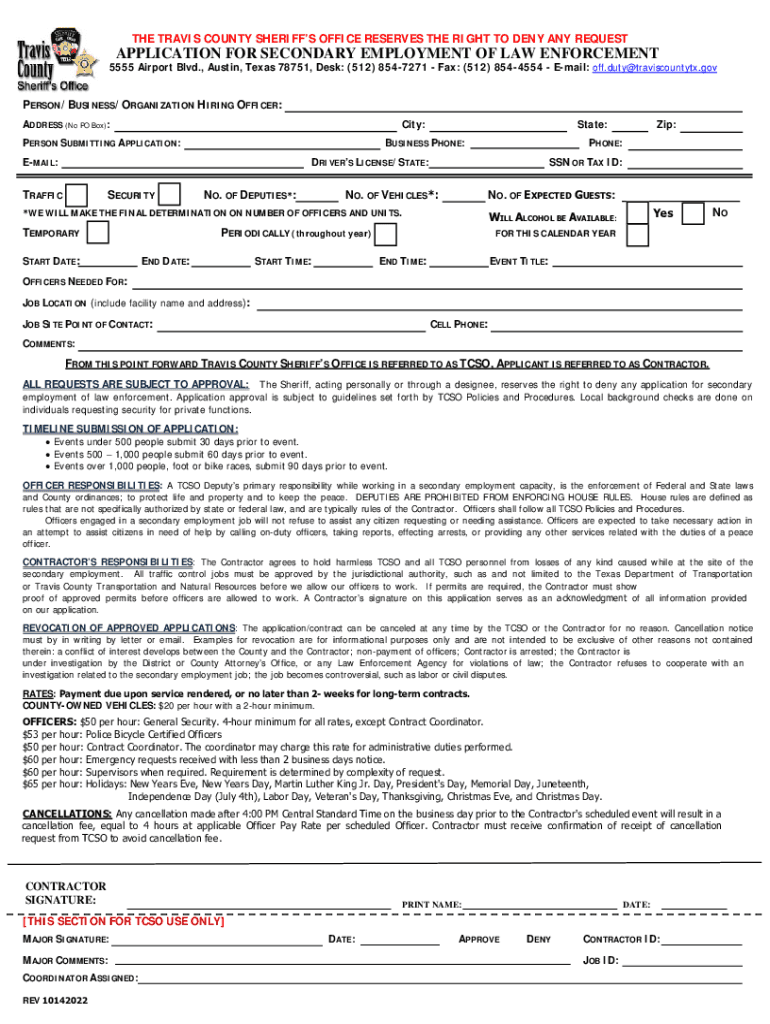 Fillable Online application for secondary employment of law enforcement ...
