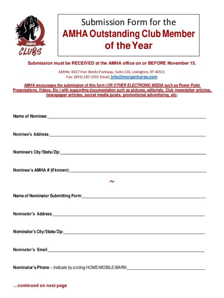 Fillable Online Submission Form for the AMHA Outstanding Club Member ...