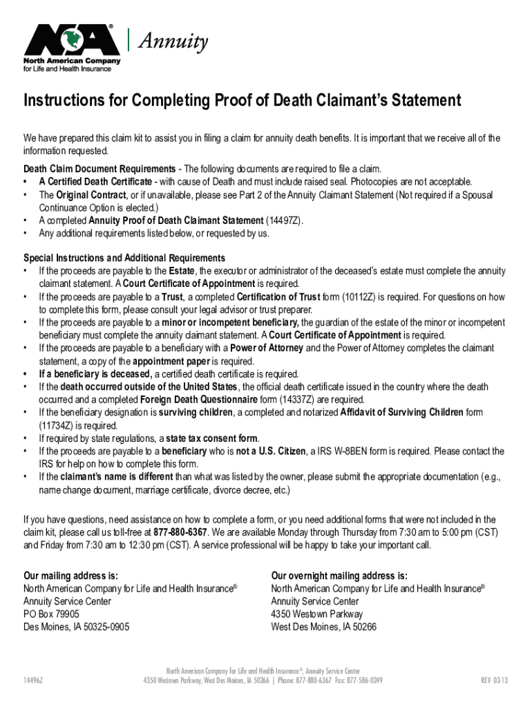 Fillable Online Annuity proof of death claimant's statement 14497Y Fax ...