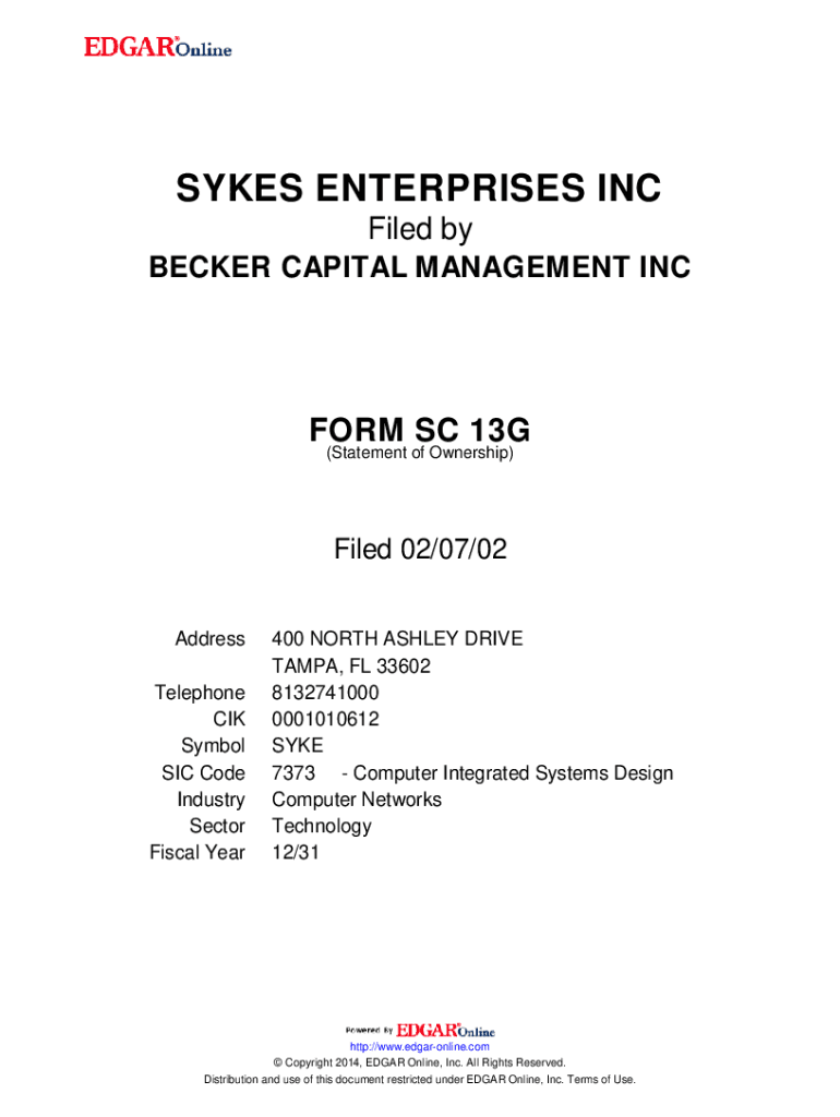 Fillable Online SYKES ENTERPRISES INC. FORM SC 13G (Statement of ...