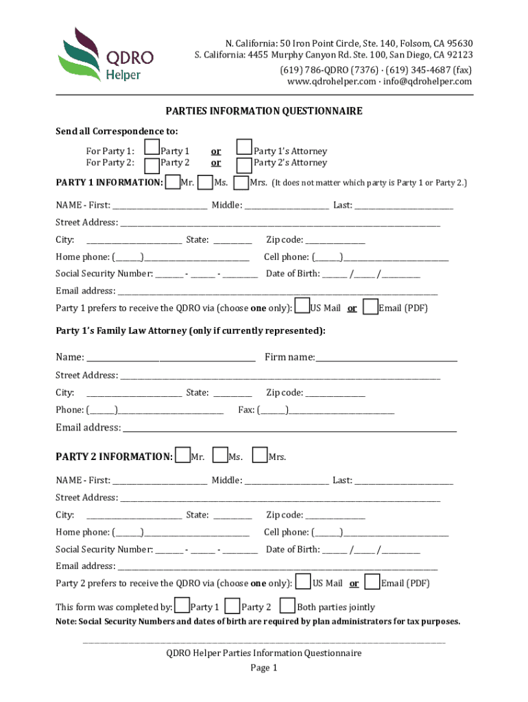 Fillable Online PARTIES INFORMATION QUESTIONNAIRE Name Fax Email Print ...