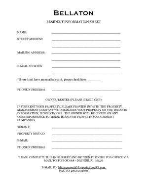 Fillable Online Bellaton Resident Information Sheet - Daphne Fax Email ...