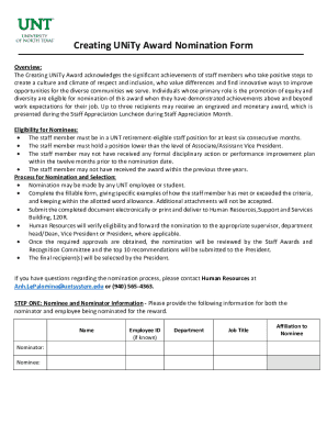 Fillable Online president unt Creating UNiTy Award Nomination Form Fax ...