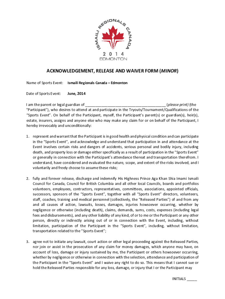 Fillable Online Acknowledgement, Release and Waiver Form (Minor) Fax ...