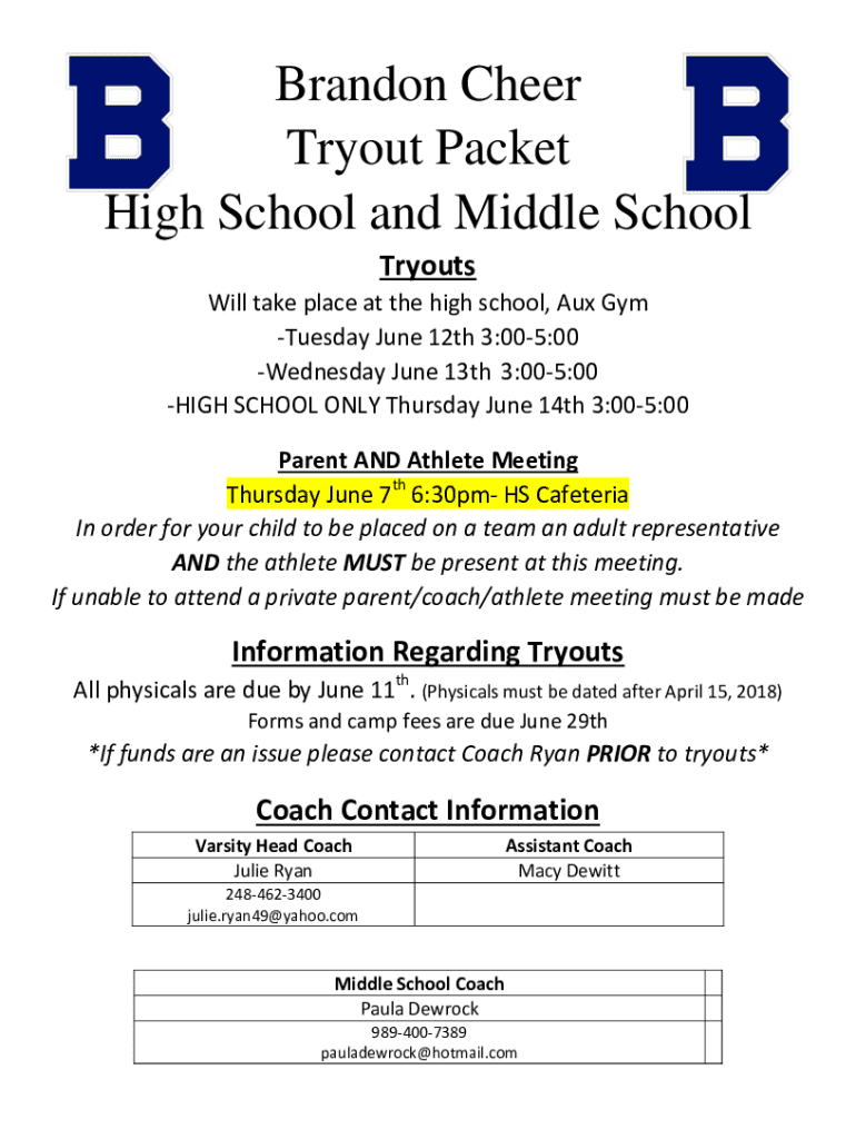 Fillable Online Brandon Cheer Tryout Packet High School and Middle ...