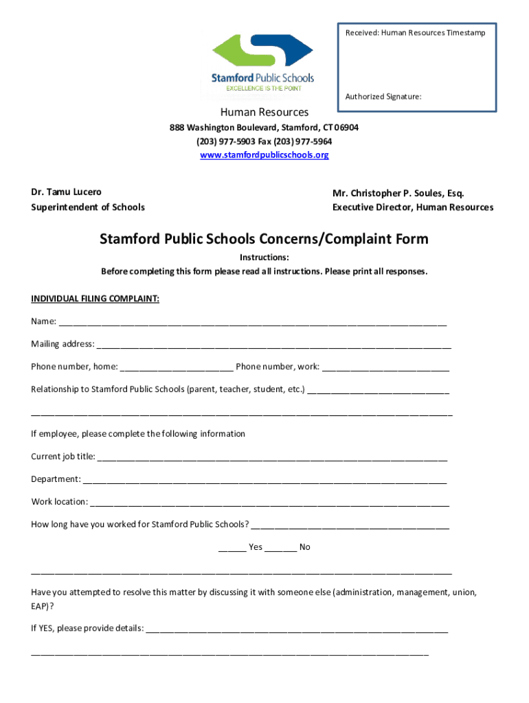 Fillable Online Stamford Public Schools Concerns/Complaint Form Fax ...