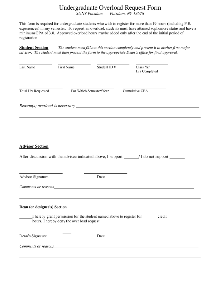 Fillable Online Undergraduate Overload Request Form Fax Email Print - pdfFiller