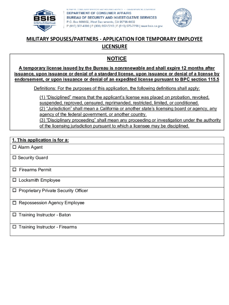 Fillable Online Temporary Licenses or Work Authorization for Military ...