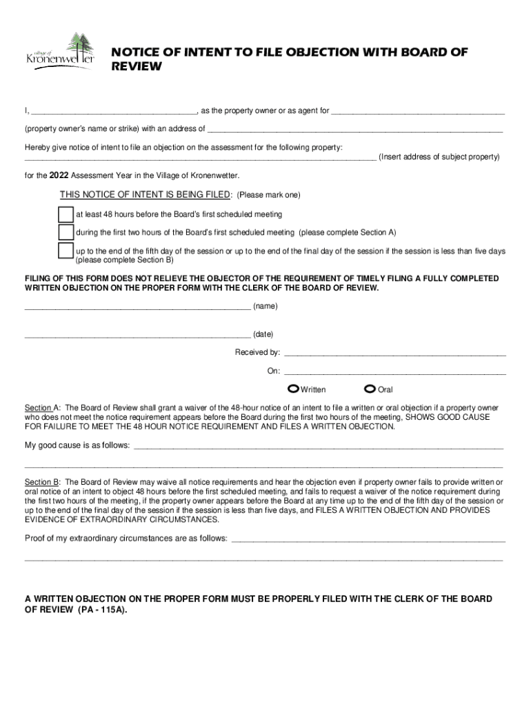 Fillable Online NOTICE OF INTENT TO FILE OBJECTION WITH BOARD ... Fax ...