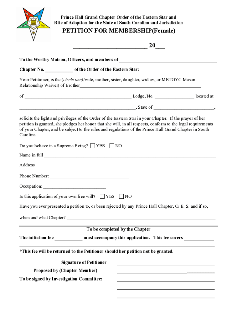 Fillable Online Order of Eastern Star, Prince Hall Affiliation The ...