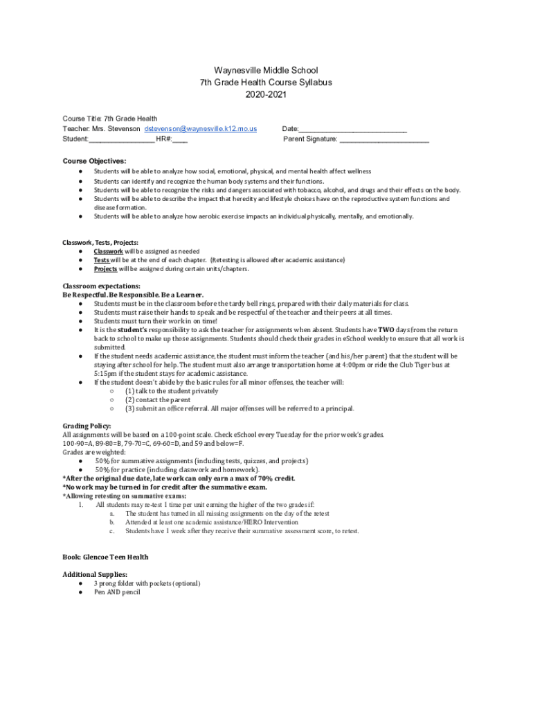 Fillable Online Waynesville Middle School 8th Grade Health Course ...