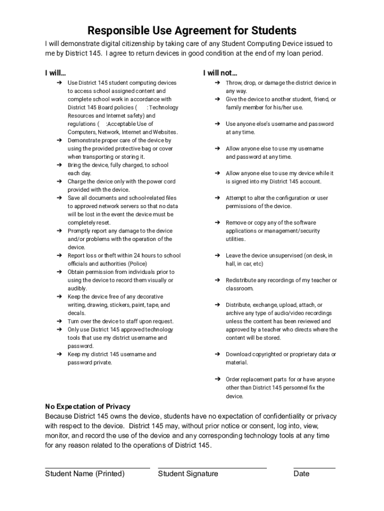 Fillable Online Secondary Responsible Use Agreement Fax Email Print ...