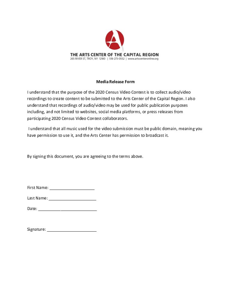 Fillable Online 2020-Census-Video-Contest.MEDIA-RELEASE-FORM. ... Fax ...