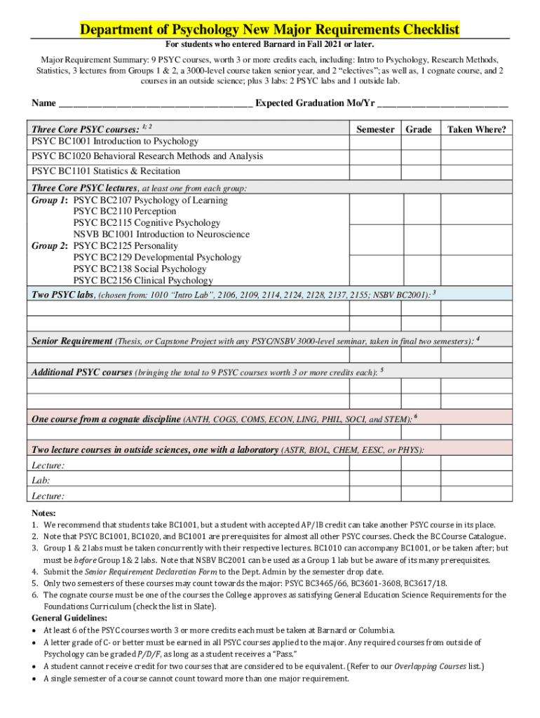 Fillable Online psychology barnard Department of Psychology New Major Requirements Checklist Fax ...