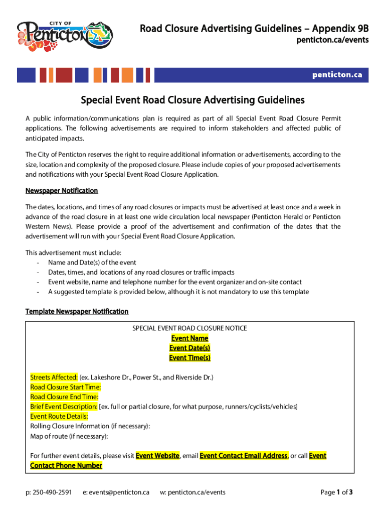 Fillable Online Special Event Road Closure Permit Application Appendix ...