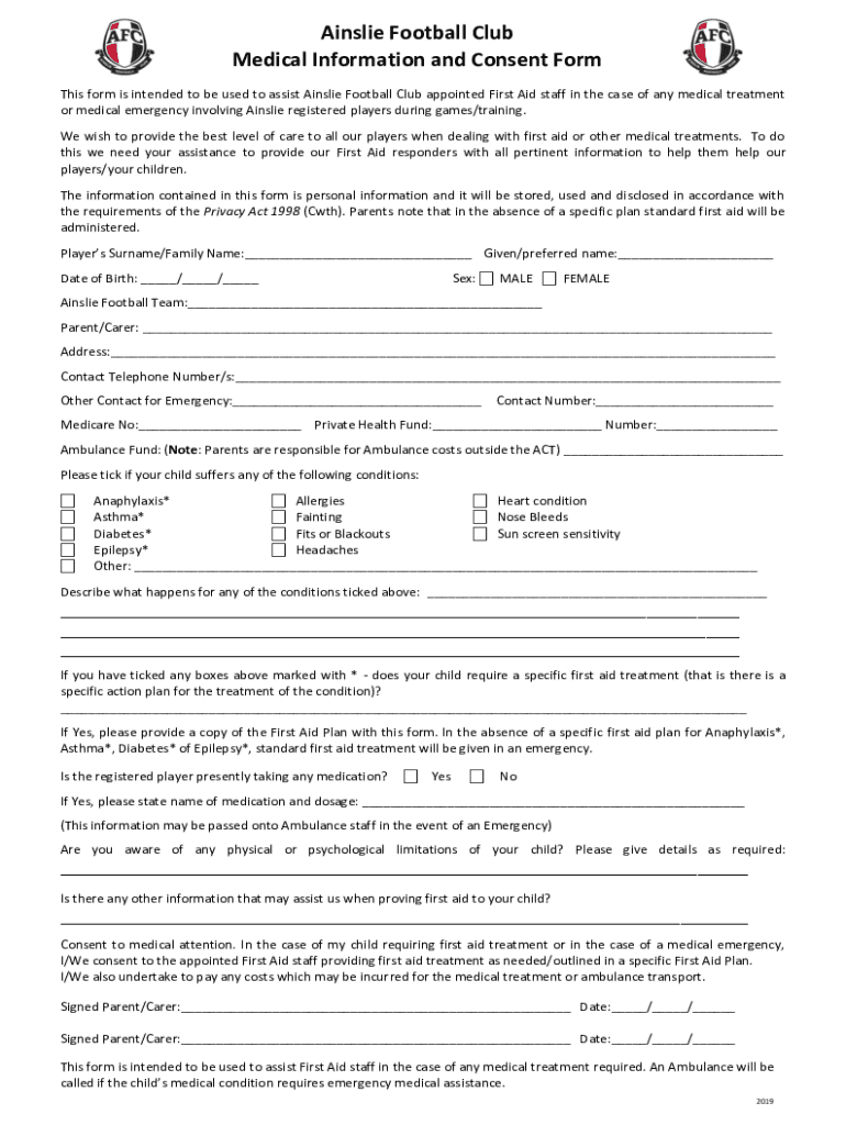 Fillable Online Ainslie Football Club Medical Information and Consent ...