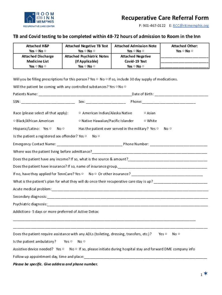Fillable Online In RITI's Recuperative Care... - Room In The Inn ...
