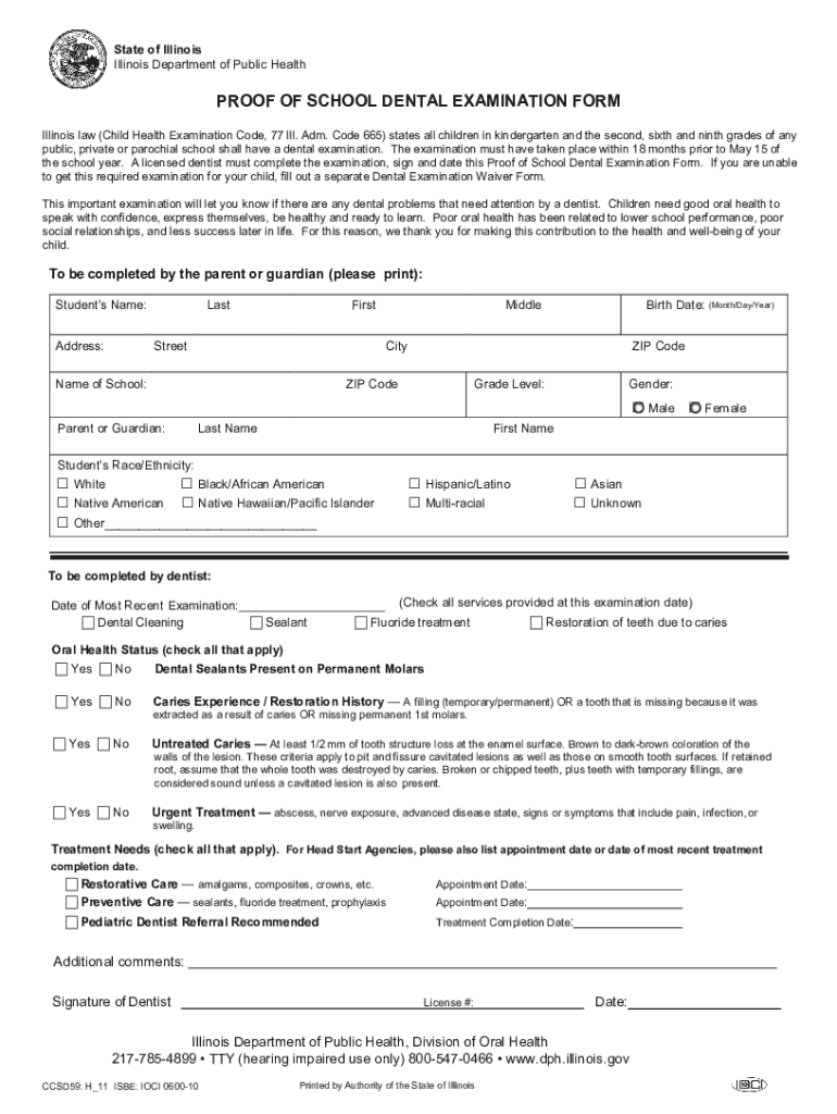 Fillable Online Proof of School Dental Examination Form Fax Email Print ...