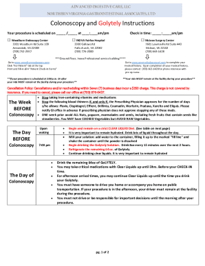 Fillable Online Colonoscopy Education Packet Date of Procedure: Arrival ...