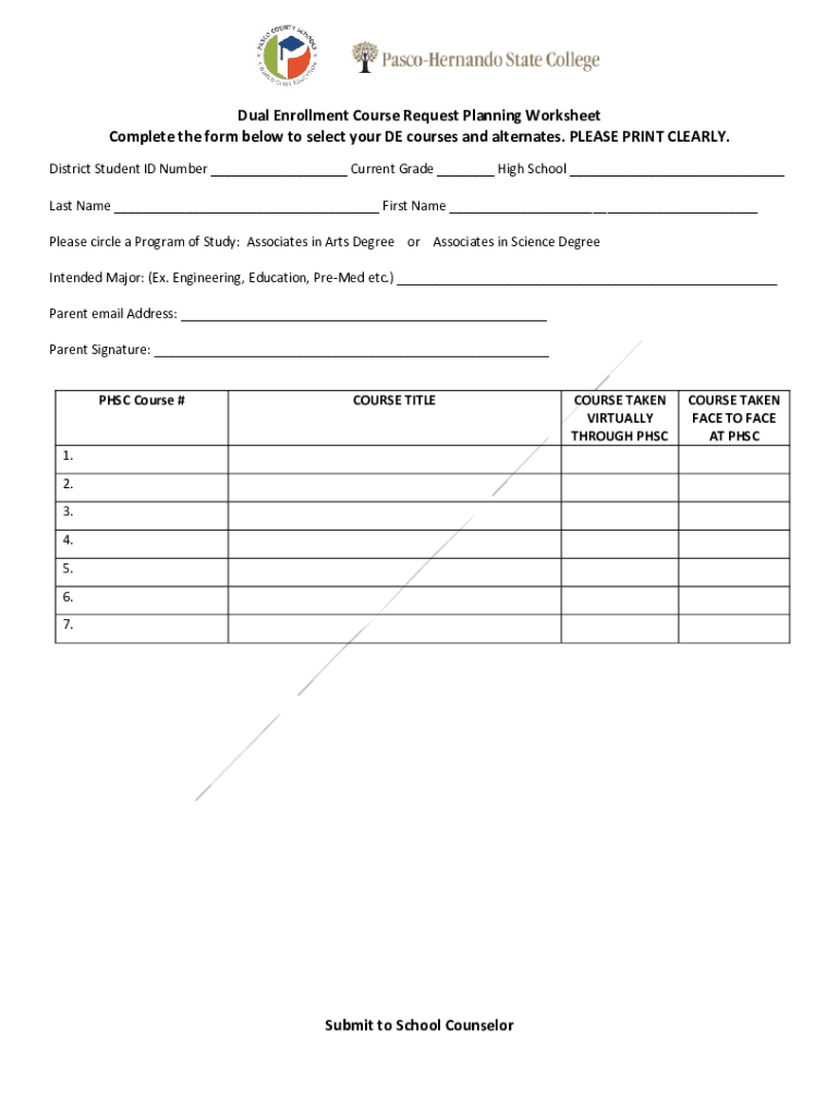 Fillable Online zhs pasco k12 fl DE Course Request Worksheet(1) Fax ...