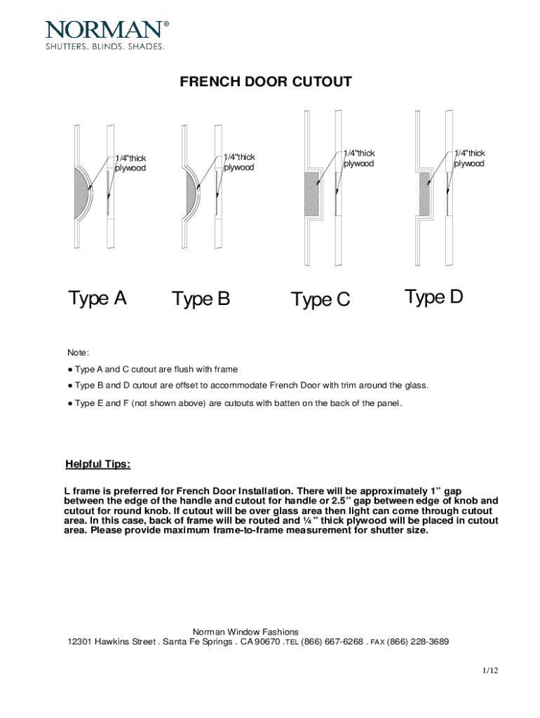 Fillable Online French Door Cutout Forms--20190131 - Norman Shutters Fax Email Print - pdfFiller
