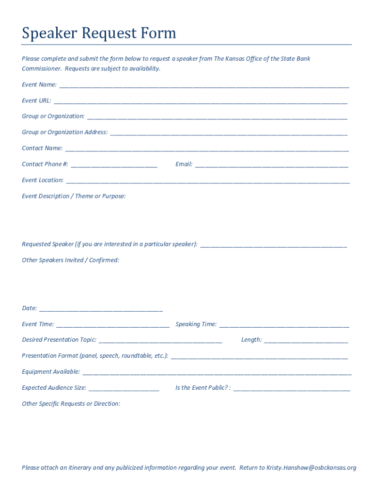 Fillable Online Fillable Online osbckansas Speaker Request Form Fax ...