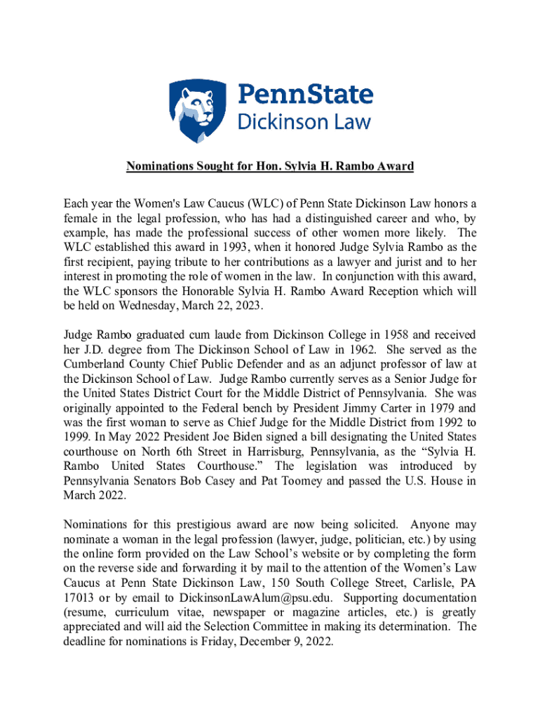 Fillable Online dickinsonlaw psu The Hon. Sylvia H. Rambo Award ...