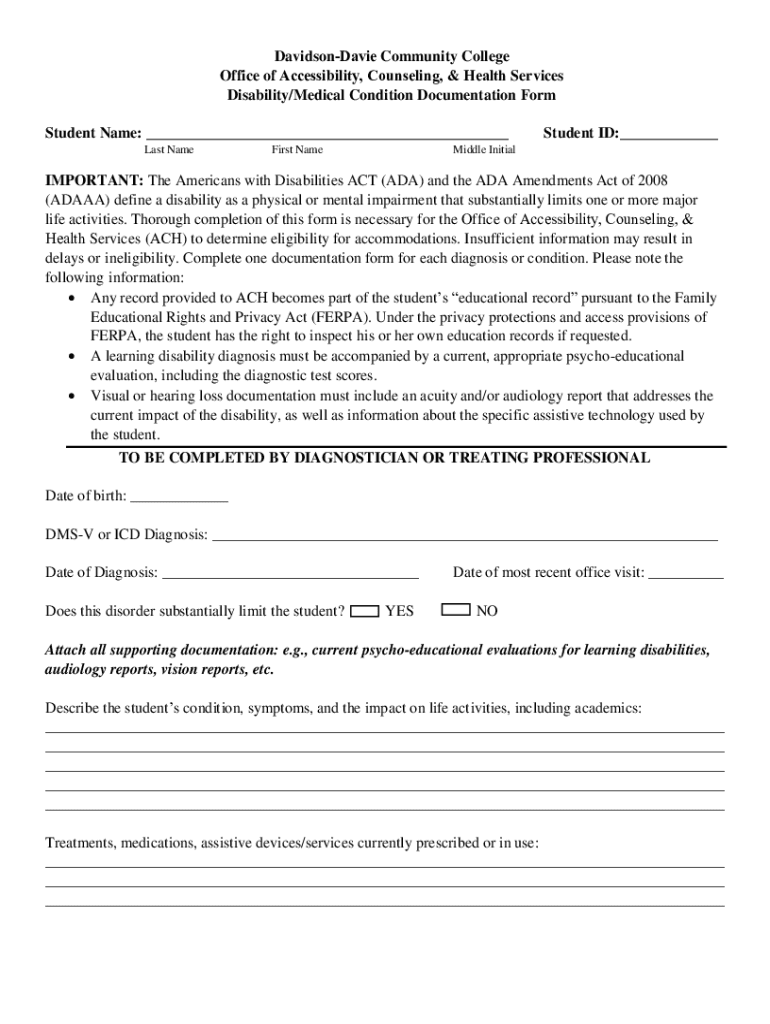 Fillable Online Disability/Medical Condition Documentation Form Fax ...
