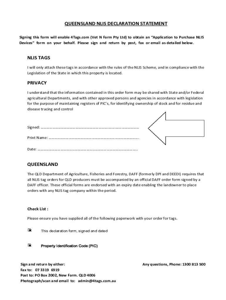 Fillable Online QUEENSLAND NLIS DECLARATION STATEMENT Not Requestin DPI ...