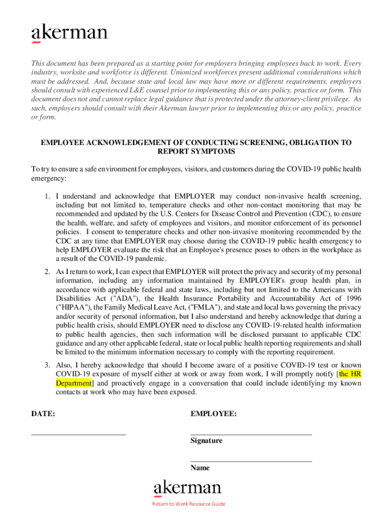 Fillable Online Employee-Acknowledgement-of-Conducting-Screening- ... Fax Email Print - pdfFiller