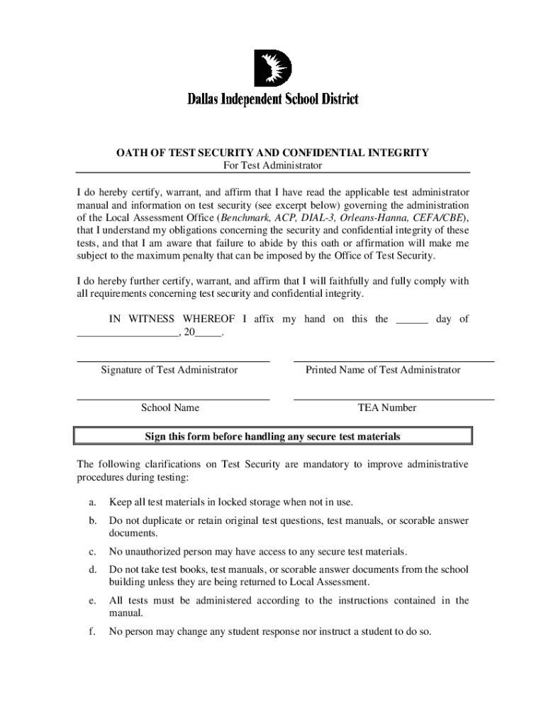Fillable Online mydata dallasisd oath of test security and confidential ...