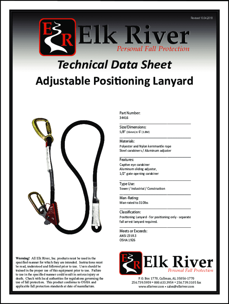 Fillable Online 34416 Elk River Adjustable Positioning Lanyard TDS Fax ...