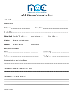 Fillable Online Adult Volunteer Information Sheet Fax Email Print ...